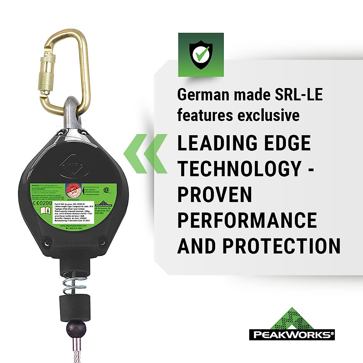 PEAKWORKS Fall Protection Safety Lifeline, Self Retracting (SRL) Cable, 20 ft Vertical and Horizontal Cable, Galvanized Steel Snap Hook Harness for Climbing, Rescue, Hunting, Roofing, V845533020LE