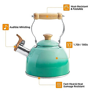 ROCKURWOK Whistling Tea Kettles, 1.6 QT/50 OZ, Small Tea Kettle, Universal Base for Induction, Gas, Electric, Halogen, Radiant, Wooden Handle for Cool Touch,Gradient Green