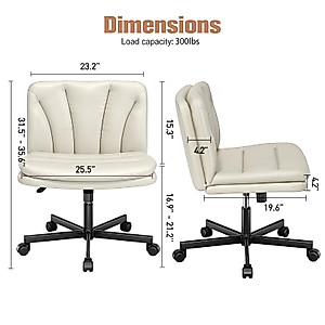 Sytas Criss Cross Chair with Wheels, Vanity Desk Chair with Double-Layer Back & Cushion, PU Leather Armless Cross Legged Wide Chair Adjustable Chair for Home Office