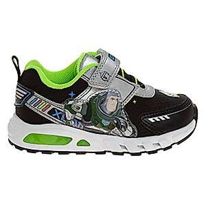 Disney Pixar Toy Story Shoes Laceless LED Lightup - Boys Kids Buzz Lightyear and Woody Character Tennis Sport Athletic Sneakers - Black/Green (Size 8 Toddler)