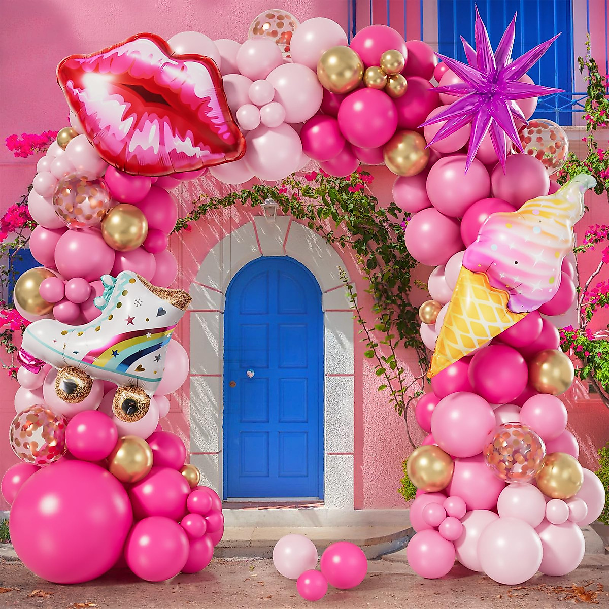128 Pcs Hot Pink Balloon Arch Kit, Metallic Gold Star Confetti Balloons for Barbie Theme Princess Party Birthday Girl Baby Shower Anniversary Wedding Valentines Day Graduation Decorations