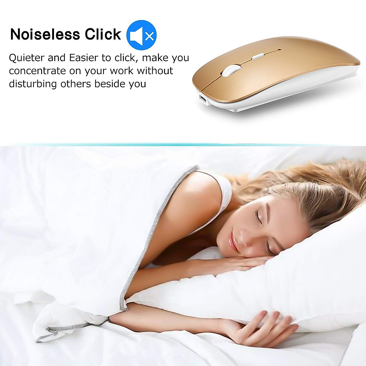 Bluetooth Wireless Mouse, Dual Mode Slim Rechargeable Wireless Mouse Silent Cordless Mouse with Bluetooth 4.0 and 2.4G Wireless, Compatible with Laptop, PC, Windows Mac Android OS Tablet (Gold)