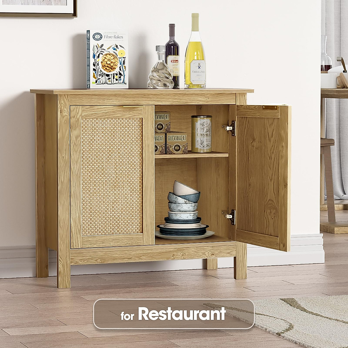 Giluta Sideboard Buffet Cabinet, Farmhouse Kitchen Cabinets with 2 Rattan Doors, 30''H Boho Cabinet for Entryway