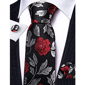 Barry.Wang Men's Classic Floral Necktie Set,Black Red,One Size