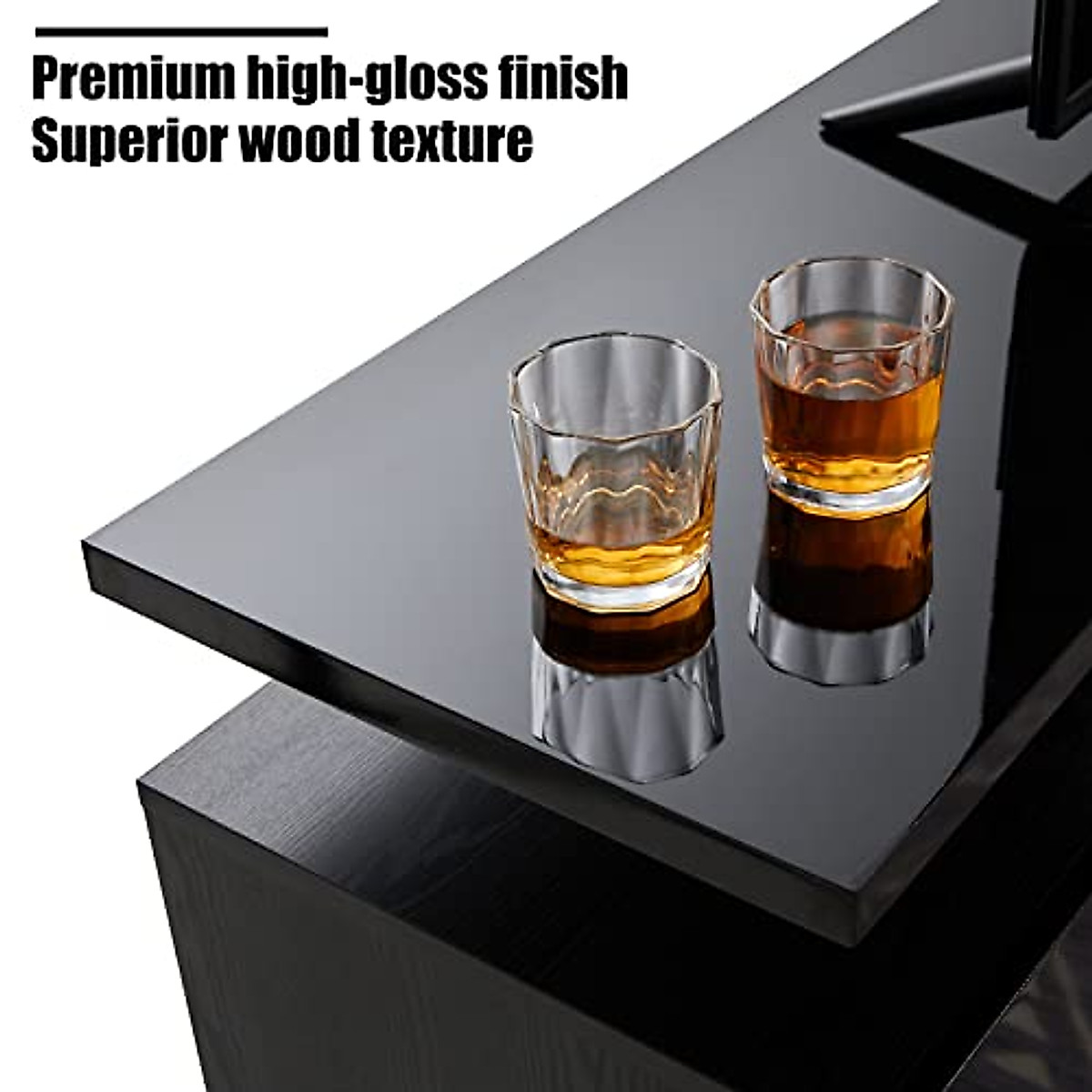 Amerlife Fireplace TV Stand with 36" Fireplace, 70" Modern High Gloss Entertainment Center LED Lights, 2 Tier TV Console Cabinet for TVs Up to 80", Black