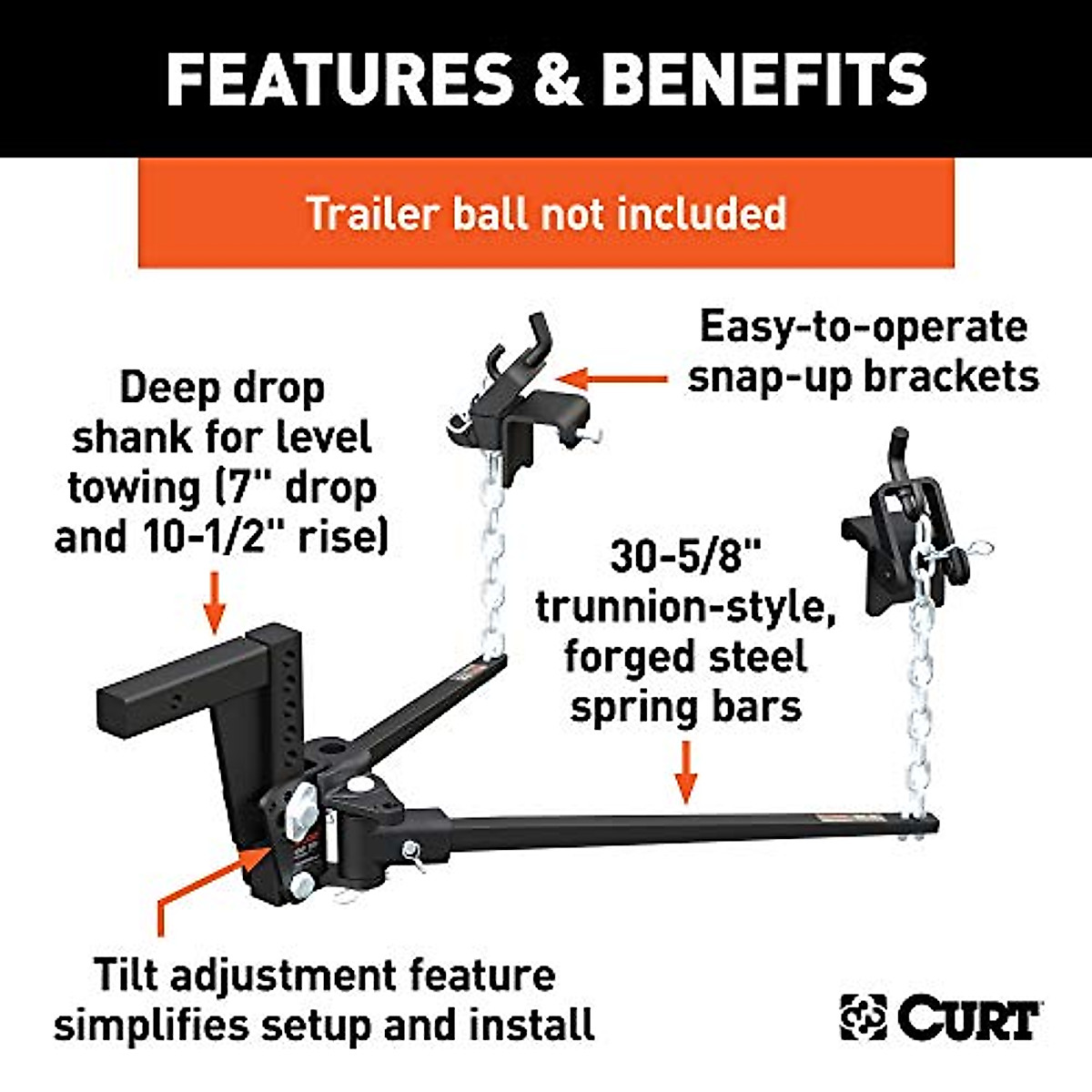 CURT 17352 Deep Drop Trunnion Weight Distribution Hitch, Up to 10K, 2-Inch Shank