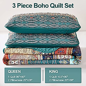 WONGS BEDDING Boho Queen Quilt Set, Green and Brown Bohemian Queen Quilt Bedding Set, Lightweight Microfiber Bed Decor Bedspread for All Season 96"x90"(3 Pieces)
