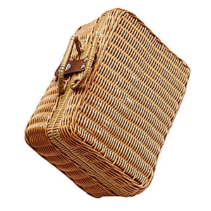 Yardenfun Simulated Rattan Woven Suitcase Retro Storage Box with Lid Handwoven Vintage Rattan Storage Case for Organizing Trinkets and Accessories Decorative Storage Basket