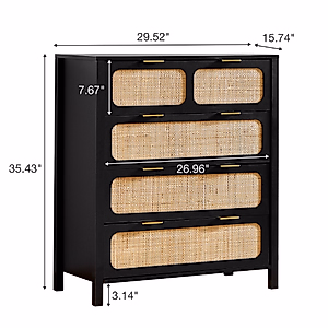 QEIUZON 4 Drawer Dresser, Modern Rattan Dresser Chest with Wide Drawers and Metal Handles, Farmhouse Wood Storage Chest of Drawers for Bedroom, Living Room, Hallway, Entryway (Black-4 Drawers-2 Packs)