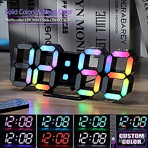 LED Digital Clock Neon Clock 9.7" Black Gaming Clock RGB LED Wall Clock for Living Room Desk Clock Large Display Aesthetic Clock for Bedroom, Colorful Rainbow Number Clock with Remote Control KOSUMOSU