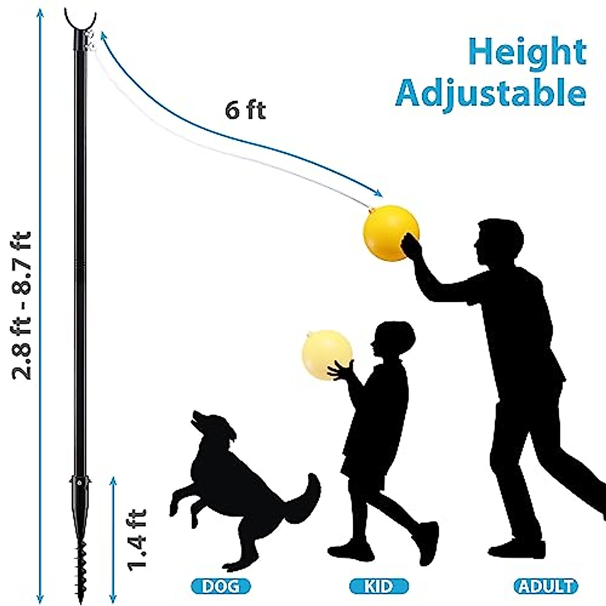 Tetherball Ball and Rope Set Pole Equipment, Probable Tether Balls Set with Heavy Duty Anchor for Peach Sand, Backyard, Playground, 2.8-8.7 FT Height Adjustable Metal Pole, Soft Paddled Rubber Ball