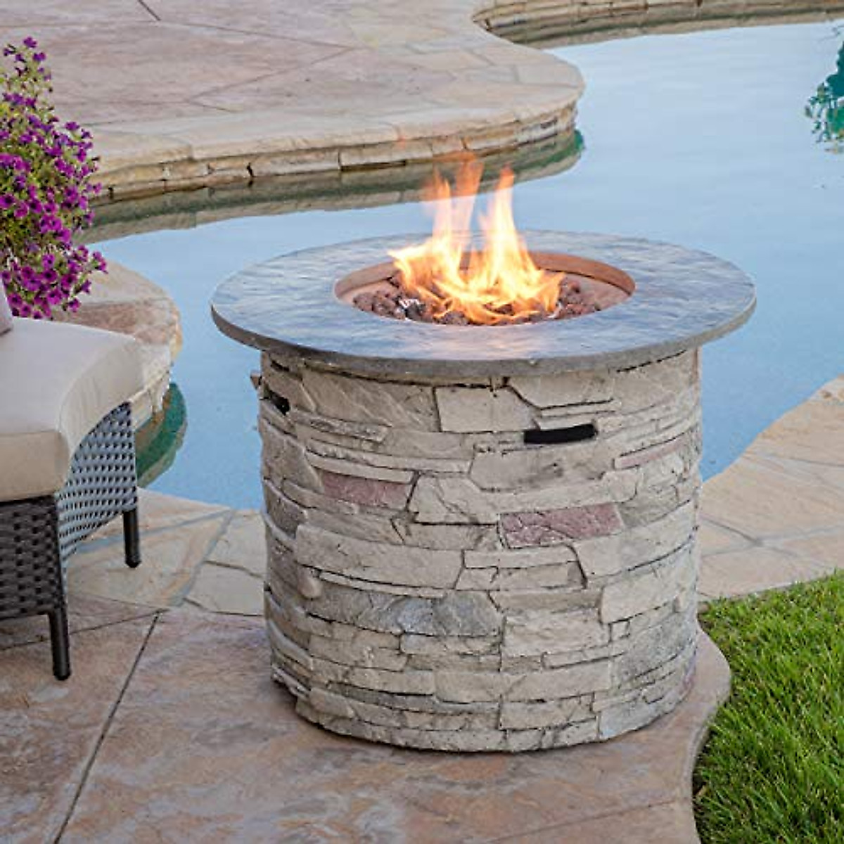 Great Deal Furniture Rogers Propane Fire Pit Round 32" with Grey Top - 40,000 BTU