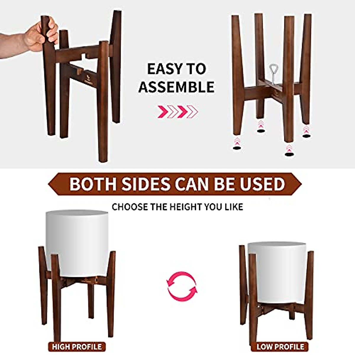 ZIOZERTT Adjustable Plant Stand New Indoor Wood Plant Stand Mid Century Modern Flower Pot Holder Rack with Tray, Fit 8'' to 12'' Planter(Plant and Pot Not Included)