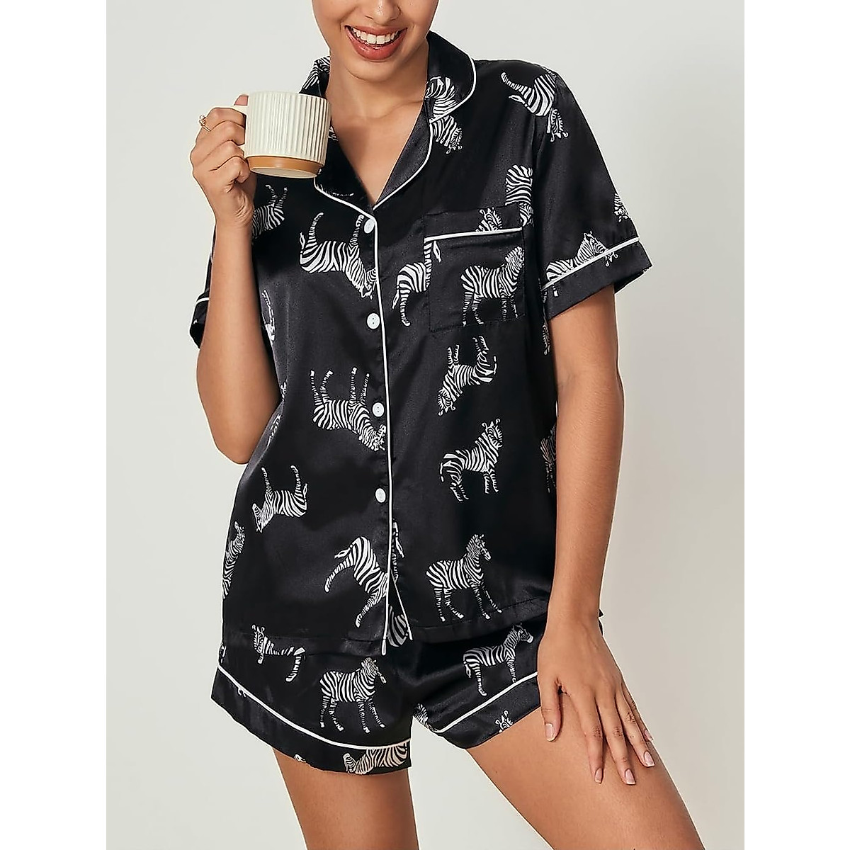 WDIRARA Women's Sleepwear Zebra Print Shirt and Shorts Cute Pajama Set Animal Black S