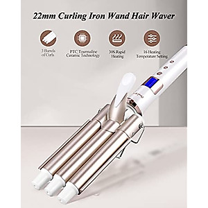 CkeyiN 3 Barrel Curling Iron Wand Hair Waver with LCD 16 Temperature Control Display, Ceramic Tourmaline Crimper Hair Iron with Glove, for All Hair Types Crimper Beach Waving Styling (Display)