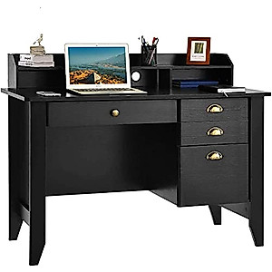 Catrimown Computer Desk with Drawers and Hutch, Executive Desk Teens Study Student Desk Writing Home Office Desks for Bedroom Small Spaces Wood Furniture, Vintage Style Black
