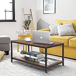 SUPER DEAL 2-Tier Industrial Coffee Table with Storage Shelf for Small Apartment Living Room, Rectangle Wood and Stable Metal TV Stand Side End Table, Rustic Brown