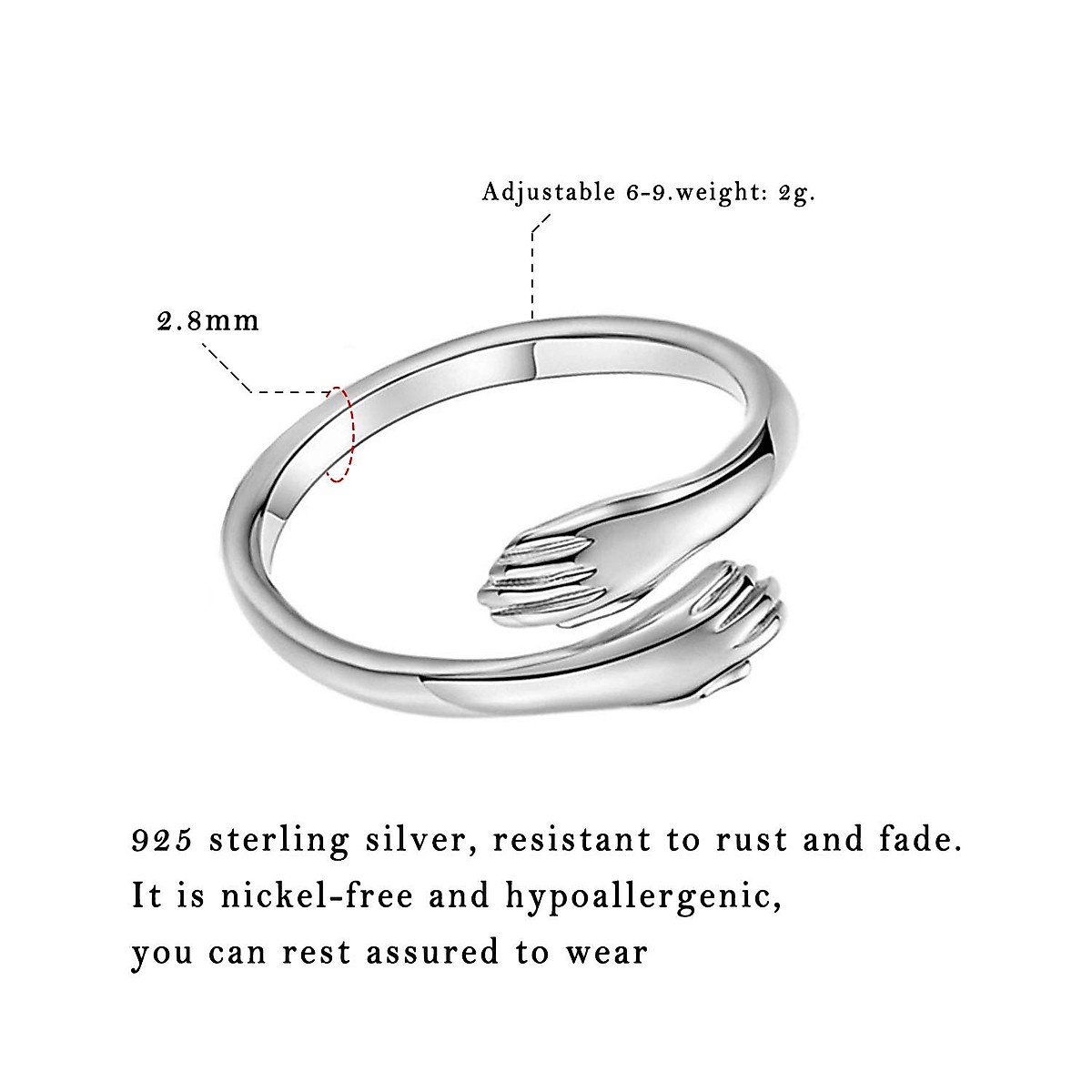 BODY16G CZCZ 925 Sterling Silver Rings Two Hands Hug Open Ring Ladies Men Wedding Rings for Women Adjustable Romantic Love Hugging Hands Open Ring