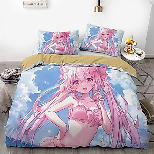 RWSEFK Anime Girl Duvet Cover, Kawaii Pink Girl Bedding Set(1 Duvet Cover + 2 Pillowcases), Soft and Comfortable, Cute Girl Bedroom Decoration Duvet Cover (Color4,Twin 68x86in + 20x30in*2)
