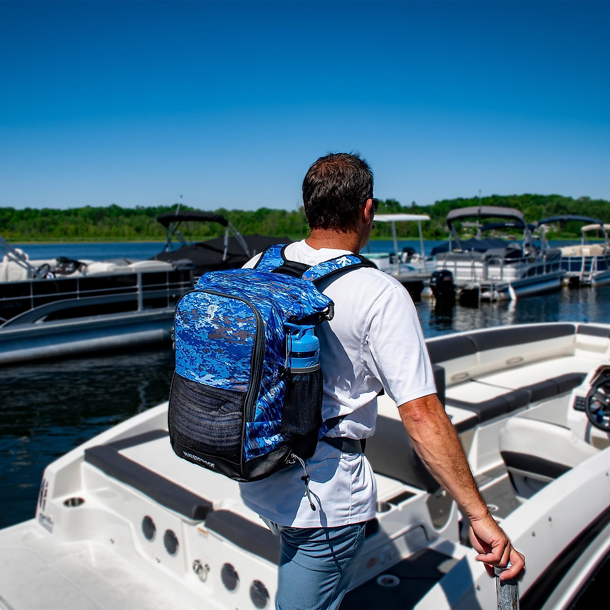 geckobrands Dueler Waterproof 32L Backpack (Royal Blue/Grey), Use for nearly any sport, 2 compartments, Separate Wet from Dry, Personalize