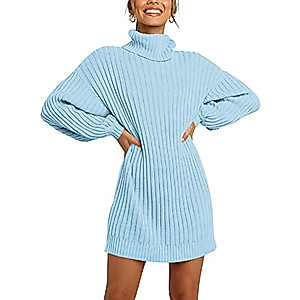 ANRABESS Women Oversized Sweater Dress Turtleneck Batwing Long Sleeve Ribbed Knit Loose 2024 Fall Winter Casual Short Dress A240danlan-M Light Blue