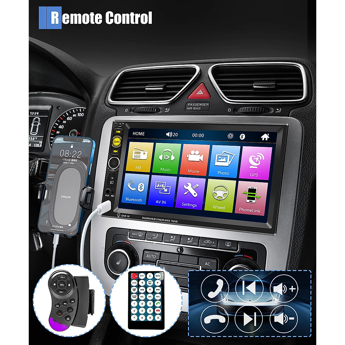 Double Din Car Stereo Car Radio with Bluetooth 7 Inch Touch Screen FM Radio Mirror Link USB 2 Din Car Audio Receiver Remote Control Steering Wheel Control Backup Camera