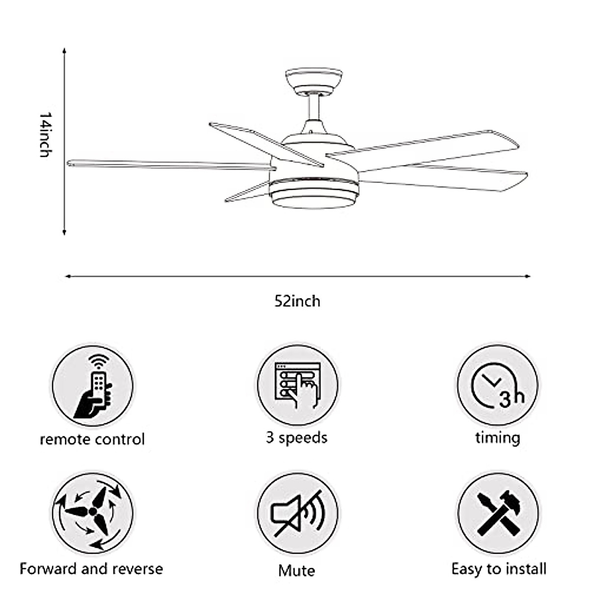 YUHAO 52 inch Black Ceiling Fan with Lights and Remote Control,Dimmable tri-Color temperatures LED,Quiet Reversible Motor,5 Blades Modern Ceiling Fans for Indoor.