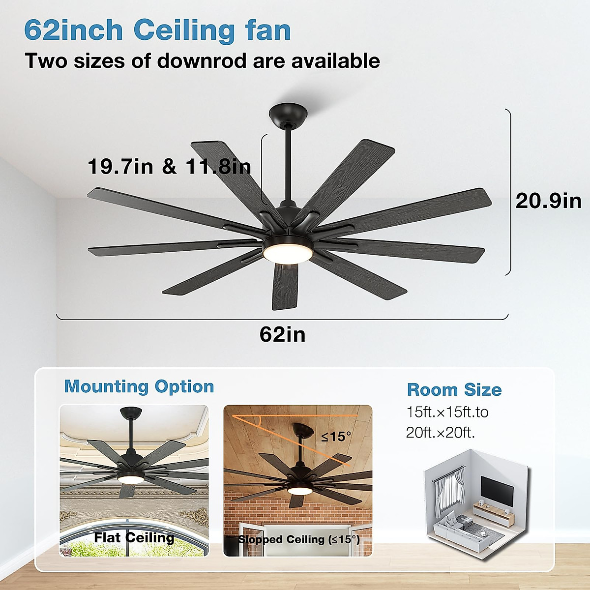 warmiplanet Ceiling Fan with Lights Remote Control, 62-Inch, Silent DC Motor, 6 Speed, Dimmable LED Light, Black(9-Blades)