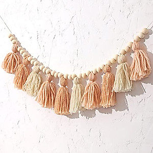 Tassel Wood Bead Garland Banner - Boho Garland Decor with, Girl Birthday Decor Cake Smash Prop，Wall Hangings Decorative for Kids Bedroom Nursery Party Holiday Classroom Decoration