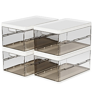 19QT Upgrade 4 Pack Stackable Storage Bins with 2 lids, Closet Organizers and Storage, Foldable Plastic Drawer Storage for Clothes, Toys, Clear with Black (Plastic)