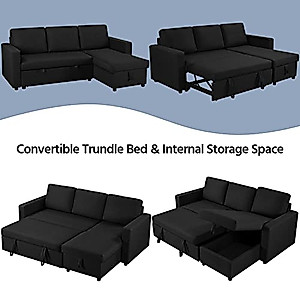 Yaheetech Sectional Sofa L-Shaped Sofa Couch Bed w/Chaise, Reversible Couch Sleeper w/Pull Out Bed & Storage Space, 4-seat Fabric Convertible Sofa, Pull Out Couch, Suitable for Living Room Black