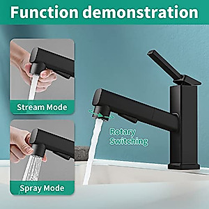 HEROBAI Single Hole Bathroom Faucet, Single Handle Modern Pull Out Bathroom Sink Faucet with 3 Water Flow Modes, Fountain Bathroom Faucets with Sprayer (Black, Regular)