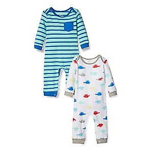 Amazon Essentials Unisex Babies' Long-Sleeve Coveralls, Pack of 2, Aqua Blue Stripe/White Dinosaur, 12 Months