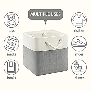 Patvingot 11x11 Cube Storage Bins,4 Pack Foldable Fabric Cube Organizer Bins with Rope Handles ,Storage Cubes for Organizing Bedroom, Living Room, Clothes and Toys, Shelves and Closet (White&Gray)