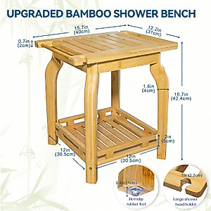 2-Tier Bamboo Shower Bench for Inside Shower Shaving Legs, 16 Inch Waterproof Bathroom Bench Shower Stool with Storage Shelf, Safe & Stable for Seniors Adults Disabled Women