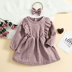 Baby Girl Knit Dress Long Sleeves Sweater Dress Toddler Fall Winter Outfits with Bowtie (Pink, 6-12 Months)
