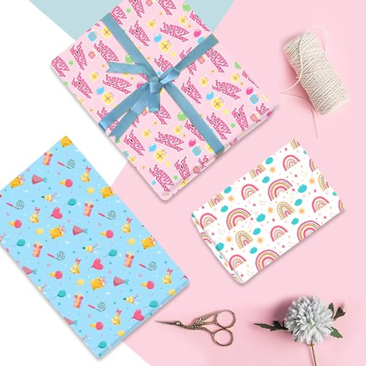 Mpanwen Birthday Wrapping Paper for Girls Kids, 12 Sheets Cake Rainbow Gift Design Wrap Paper for Girls Birthday - 20 x 29.5 Inches Per Sheet