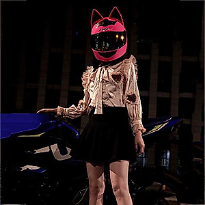 Cat Ear Motorcycle Helmet,Men and Women Cool Cute Cat Full Face Helmet,DOT Certification Standard,Suitable for All Seasons,Pink,M