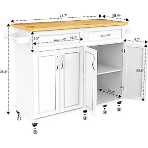 Pliwier Kitchen Island Cart on Wheels with Cabinet, Rubberwood Countertop, Lockable Casters, Adjustable Shelves, Kitchen Storage Islands for Dining Room, L48xW18xH36 Inches, Easy Assembly