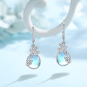 Butterfly Earrings 925 Sterling Silver Butterfly Dangle Drop Earrings with Moonstone Butterfly Leverback Jewelry Gifts for Women Girlfriends