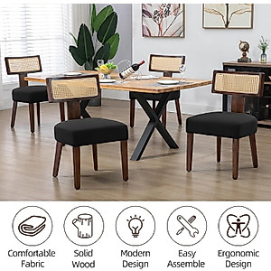 WQSLHX Rattan Dining Chairs Set of 6, Modern Kitchen Dining Room Chair with Curved Cane Back & Hardwood Frame in Dark Walnut Finish, Black Linen Upholstered