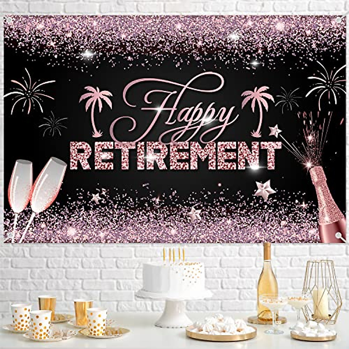 Happy Retirement Banner Backdrop Rose Gold Pink Decorations Background Photo Booth Prop for Women Men Photography Officially Retire Party Decor Supplies