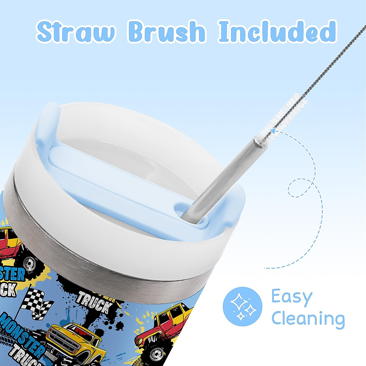 14 oz Monster Truck Tumbler with Handle and Straw for Kids, Insulated Stainless Steel Travel Mug for Toddlers Boys, Vacuum Leak Proof Reusable Tumbler, Birthday Gifts for Boys