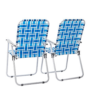 EEBUIHUI Set of 2 Folding Patio Lawn Chairs, Webbed Folding Chair Outdoor Beach Chair High Back Seat Portable Camping Chair for Yard, Garden (Blue White)