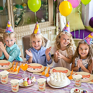 Yoande 194 Pcs Fox Duck Bird Theme Birthday Party Supplies Woodland Animal Face Paper Dessert Plates Knives Forks Spoons Cups Napkins for Kids Girl Boy Baby Shower Tableware Set Serves 24 (Fox)