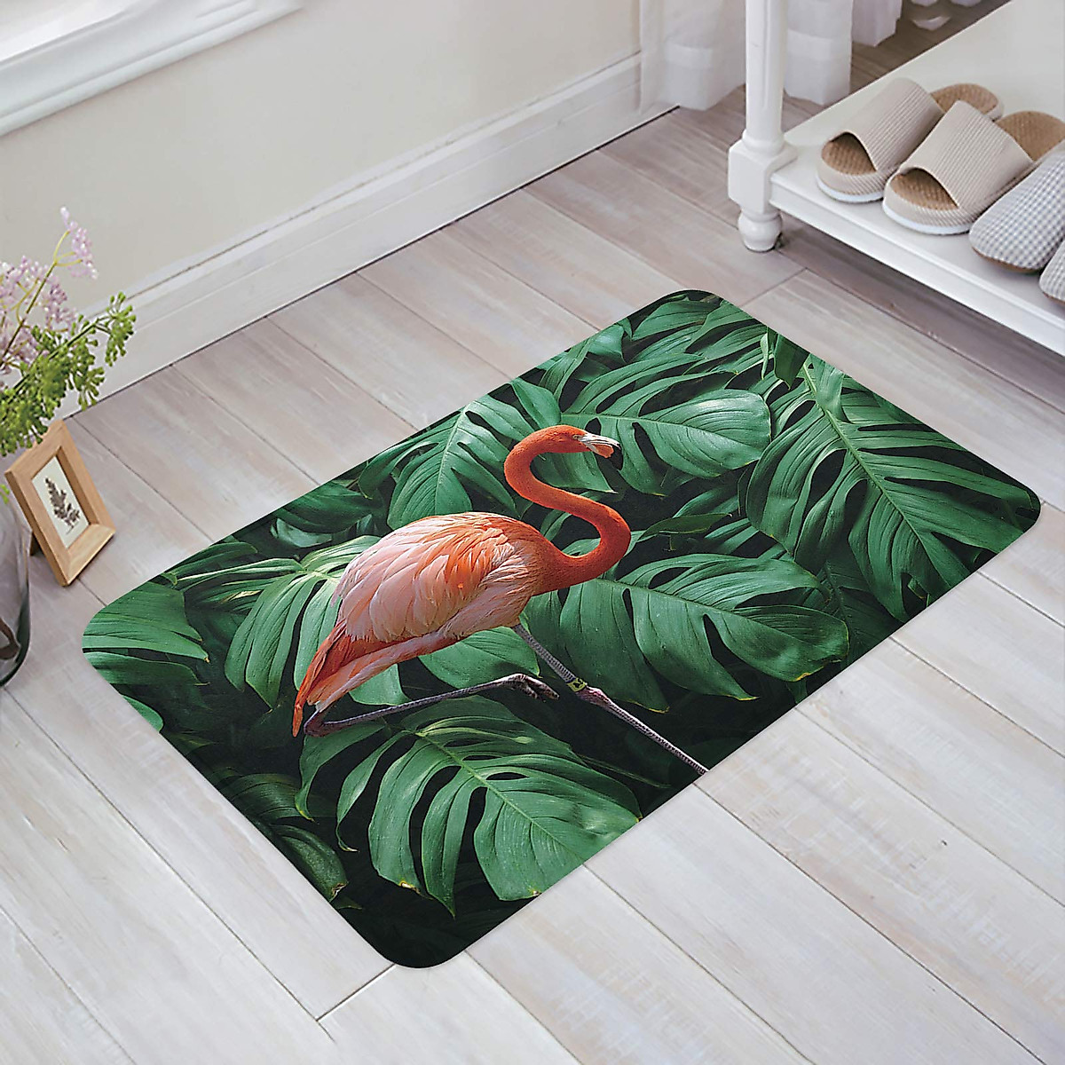 Door Mat Tropical Plants Memory Foam Cushioned Kitchen Rug, 18x30 Inch Water Absorbent Soft Touch Standing Mat for Bathroom, Office, Sink, Laundry, Home Green Palm Tree and Red Flamingo
