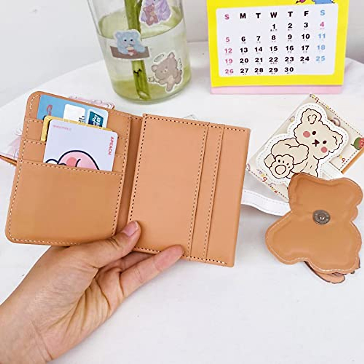 JELLYEA Kawaii Bear Wallet Cute Cartoon Card Holder Girls Coin Purse Anime Key Bag Card Case Front Pocket Wallet (Beige-1)