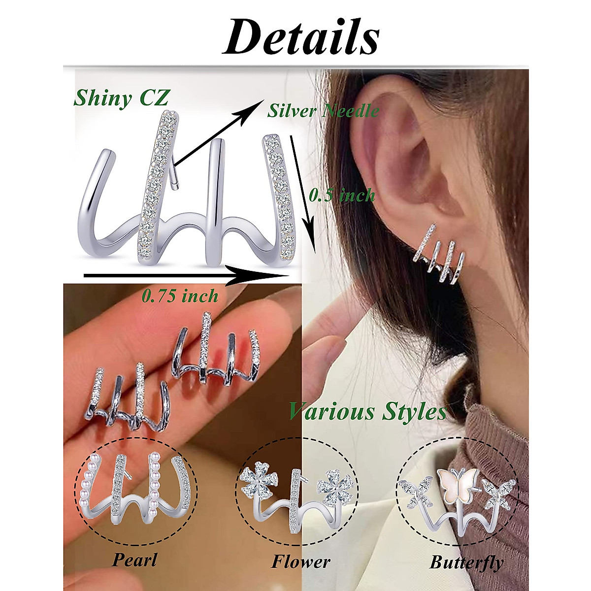 Tornito 4 Pairs Claw Ear Cuffs Zircon Pierced Needle Stud Earrings Minimalist Ear Wrap Butterfly Pearl Piercing Claw Earrings for Women Silver Tone