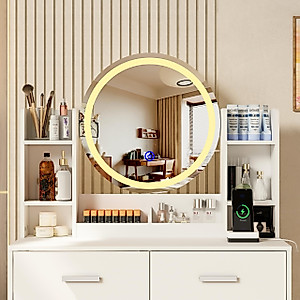 HDDDZSW Vanity Desk with Mirror and Lights, Make up Vanity Desk with Charging Station and 2 Drawers, Dressing Table with 3-Lighting-Modes Makeup Mirror, White Vanity Makeup Table for Bedroom