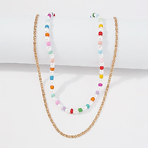 Chargances 2pcs Pearl Choker Necklace for Women Colorful Beaded Choker Dainty Layered Choker Jewelry for Women Girls Gift